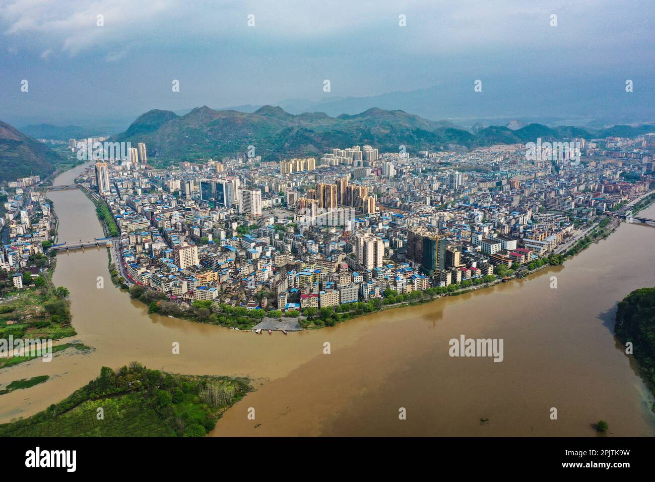 GUILIN, CHINA - APRIL 4, 2023 - Aerial photo shows flood waters slowly ...