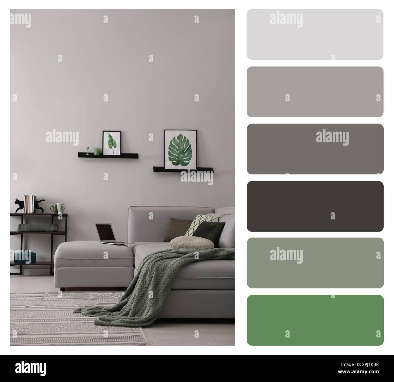Color palette and photo of stylish living room interior. Collage Stock ...