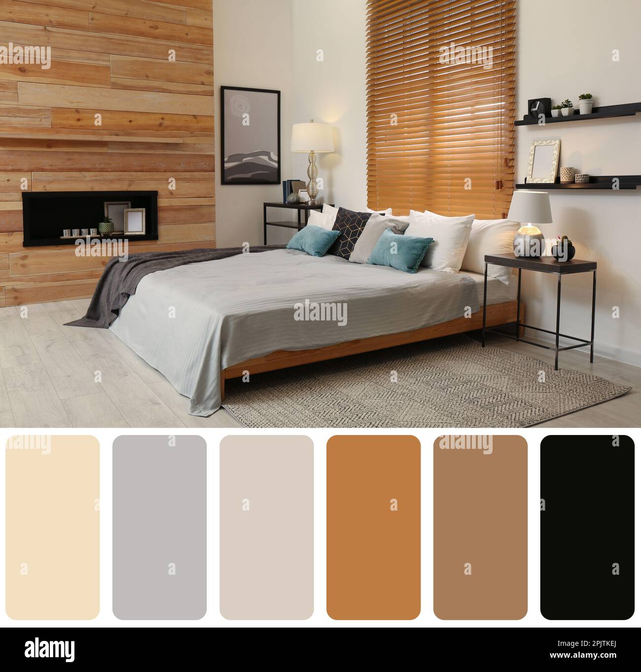 Color palette and photo of stylish bedroom interior. Collage Stock ...