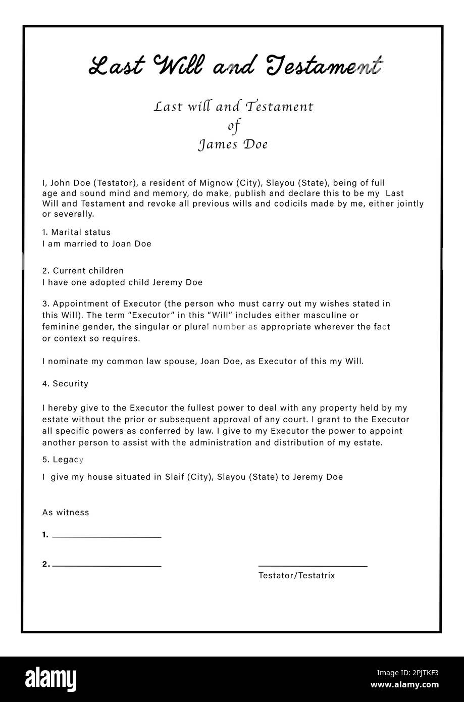 Last Will and Testament of James Doe, illustration Stock Photo - Alamy