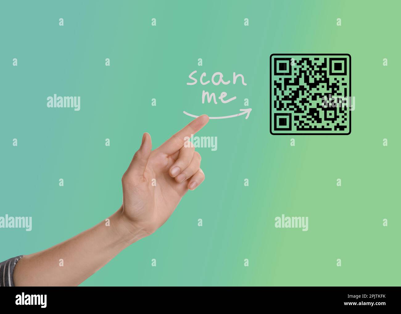 Woman pointing at illustration of QR code on color background, closeup ...