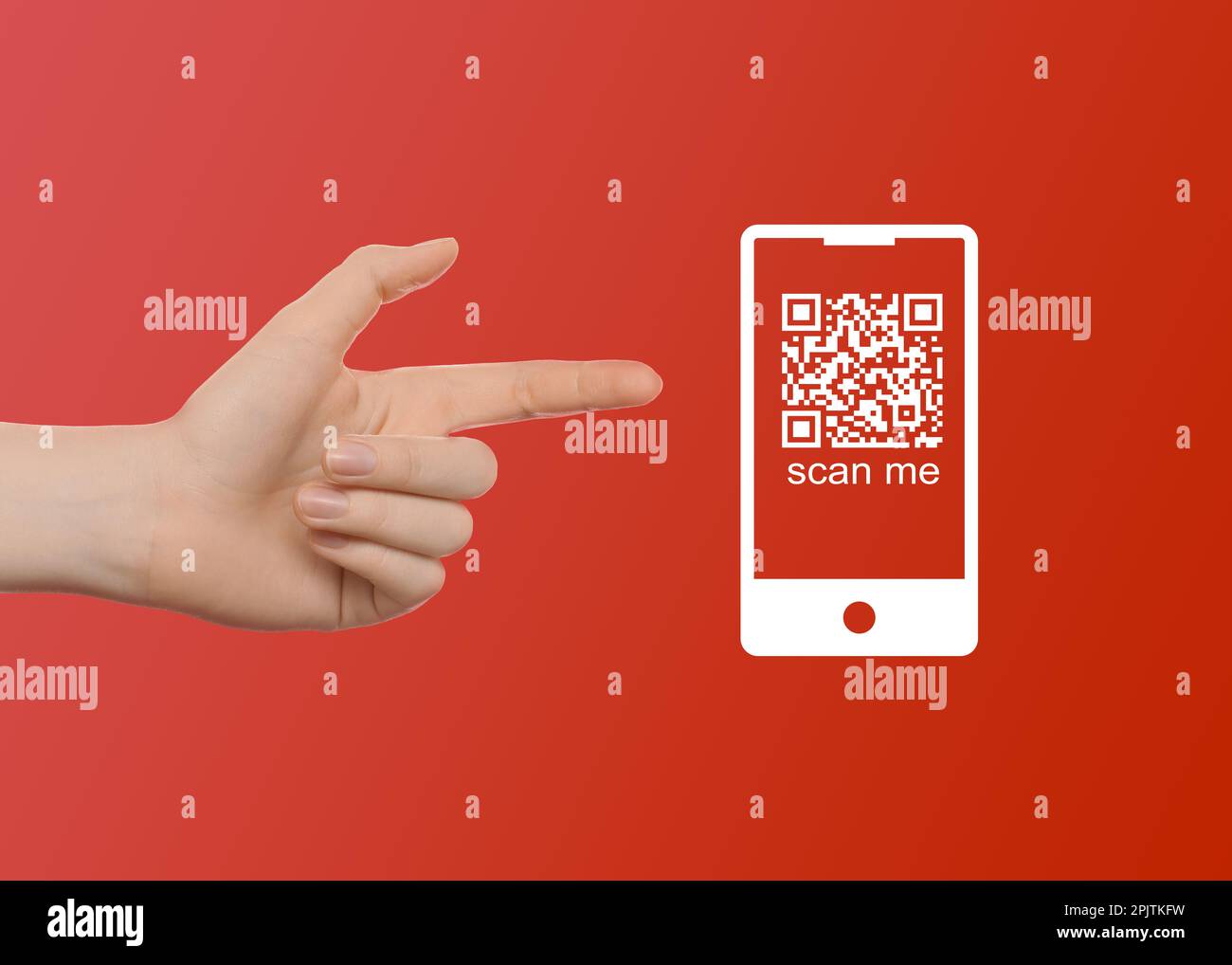 Woman pointing at illustration of QR code on red background, closeup ...