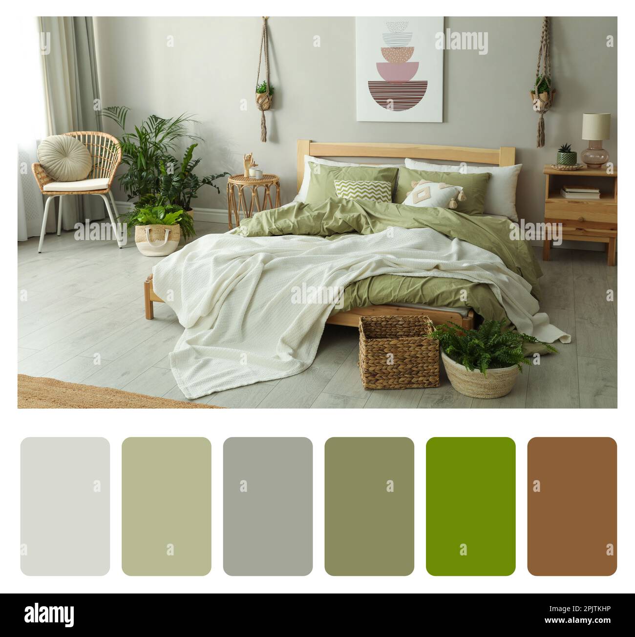 Color palette and photo of stylish bedroom interior. Collage Stock ...
