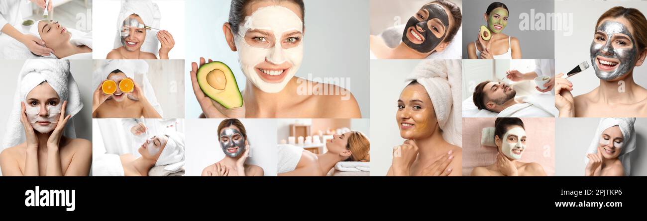 Collage with photos of people with cleansing and moisturizing masks on ...