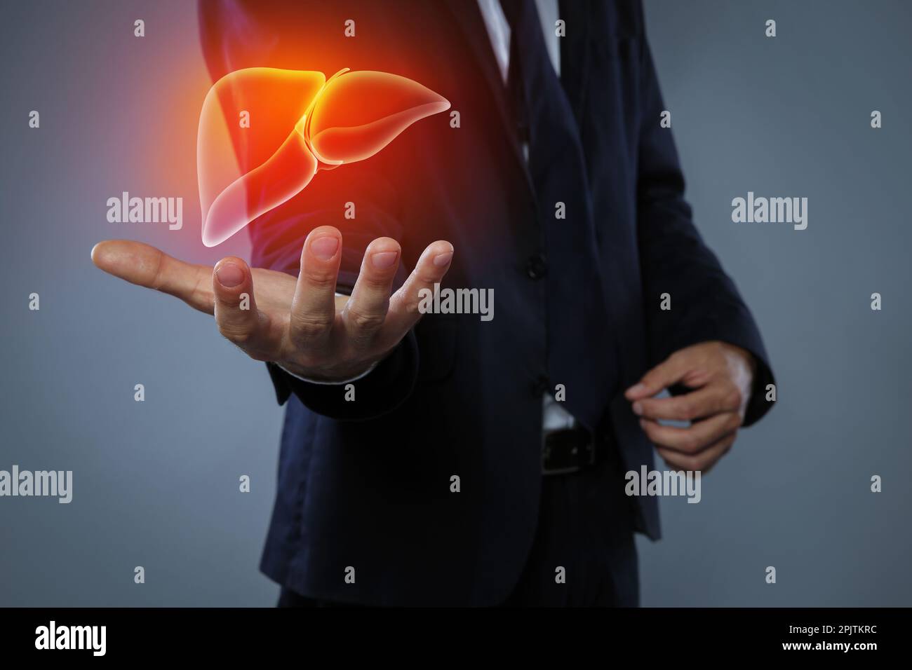 Man and illustration of unhealthy liver on light grey background ...
