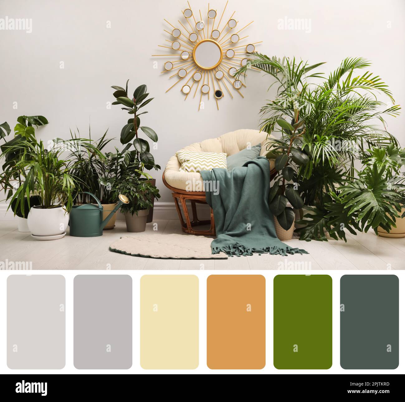 Color palette and photo of lounge area interior with comfortable ...