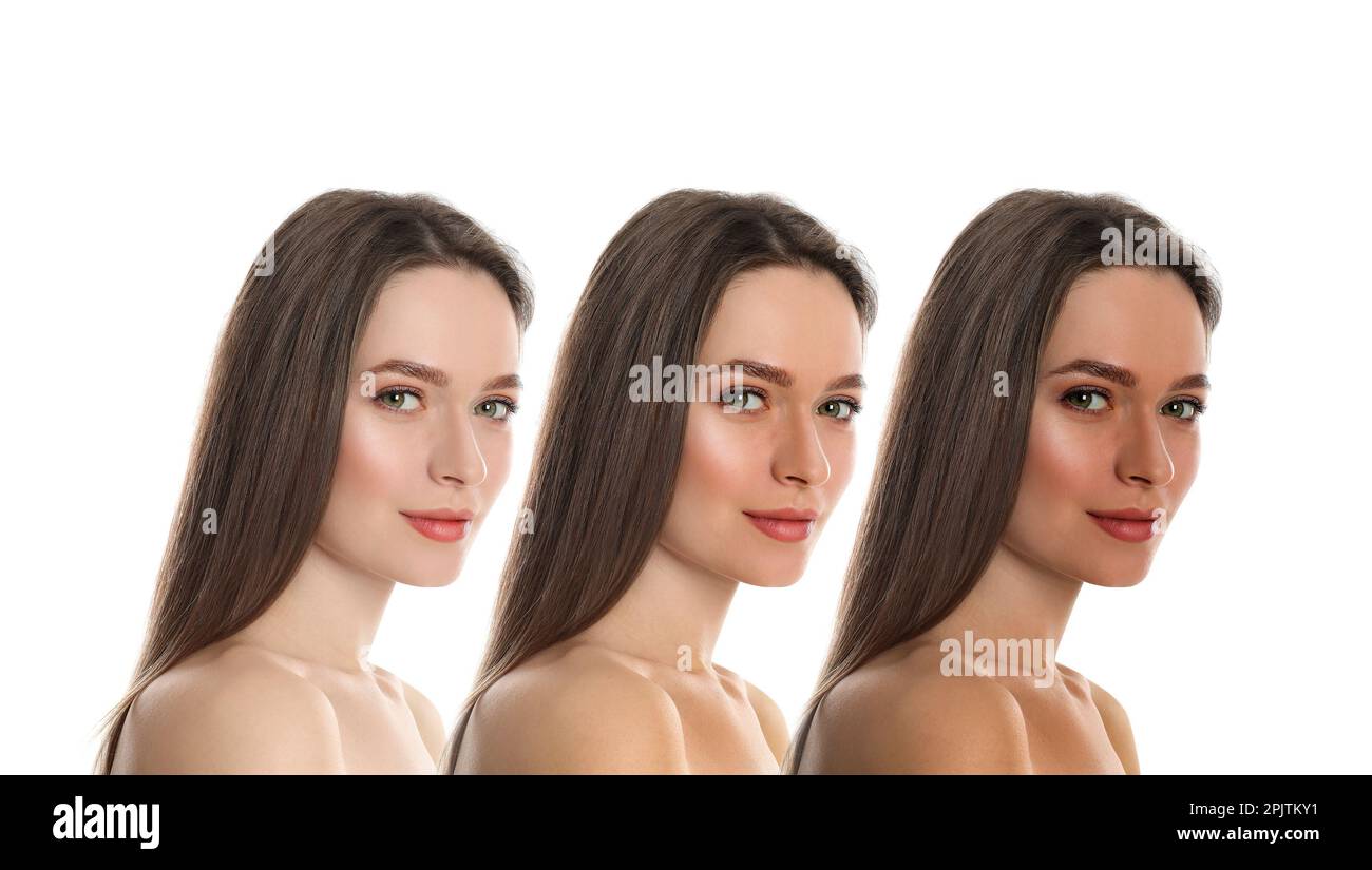 Beautiful young woman on white background. Collage with photos showing ...