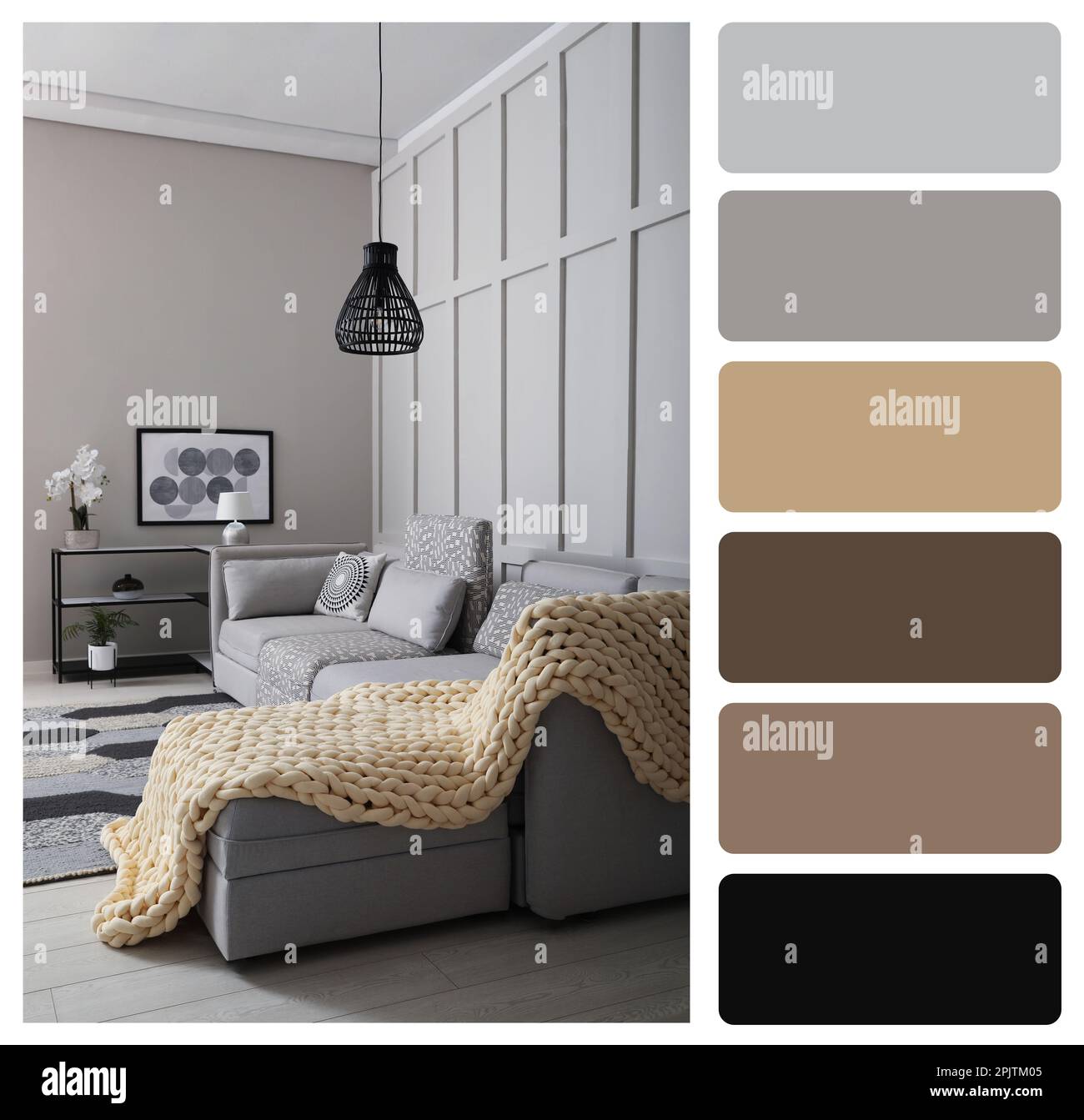 Color palette and photo of stylish living room interior. Collage Stock ...