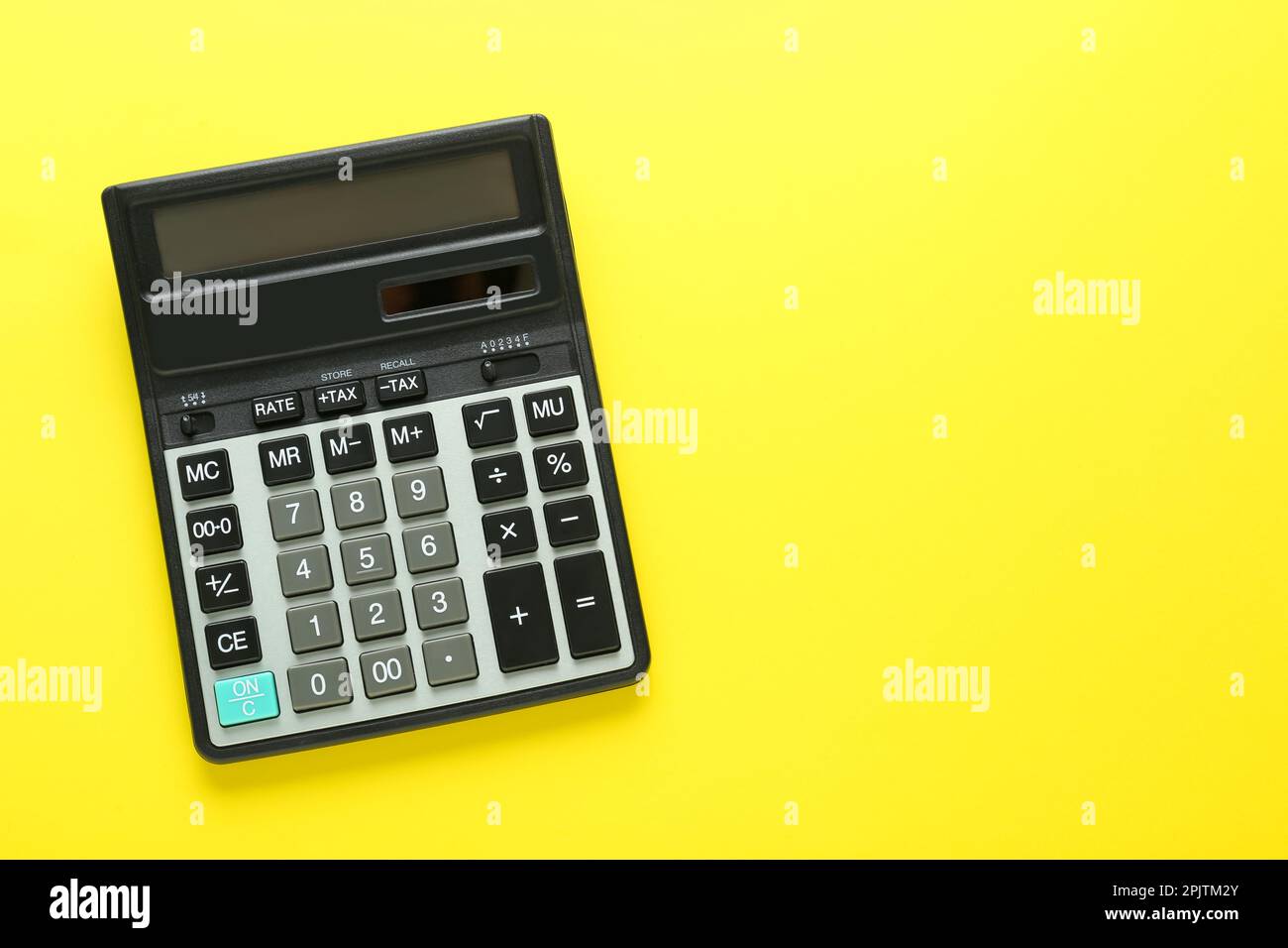Modern calculator on yellow background, top view. Space for text Stock ...