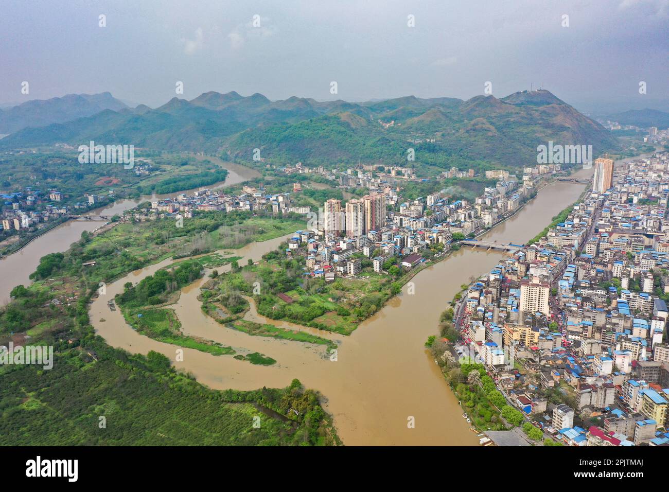 GUILIN, CHINA - APRIL 4, 2023 - Aerial photo shows flood waters slowly ...