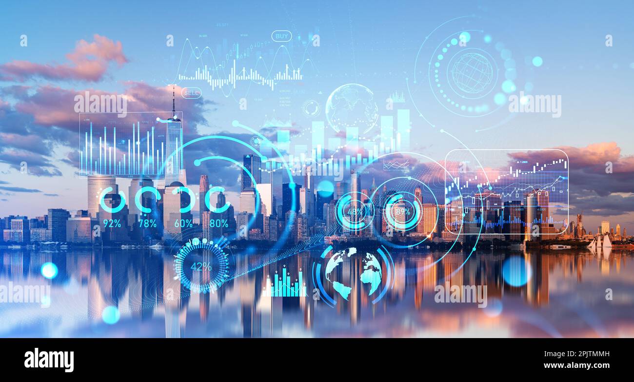 Blurry immersive financial interface over New York city skyline ...