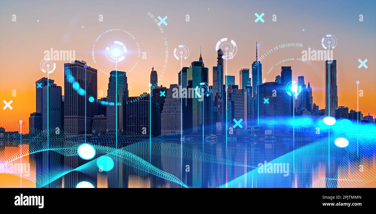 Blurry immersive smart city interface over New York city skyline ...