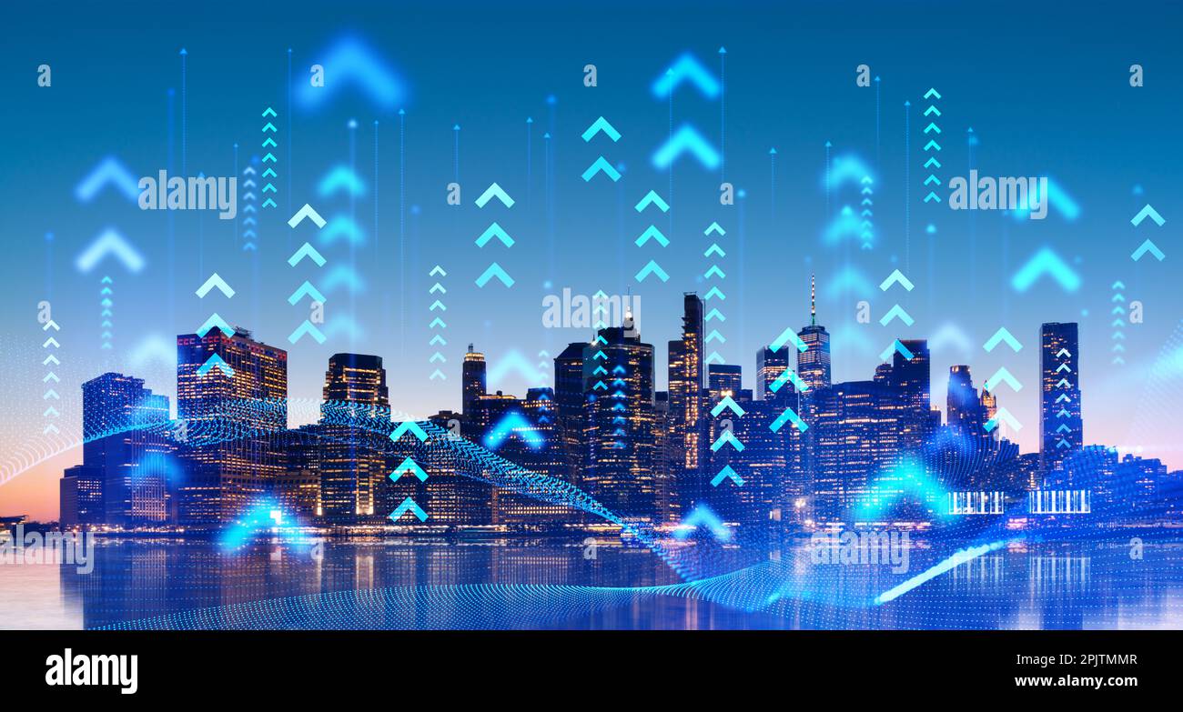 Blurry network and arrows hologram over night New York city background ...