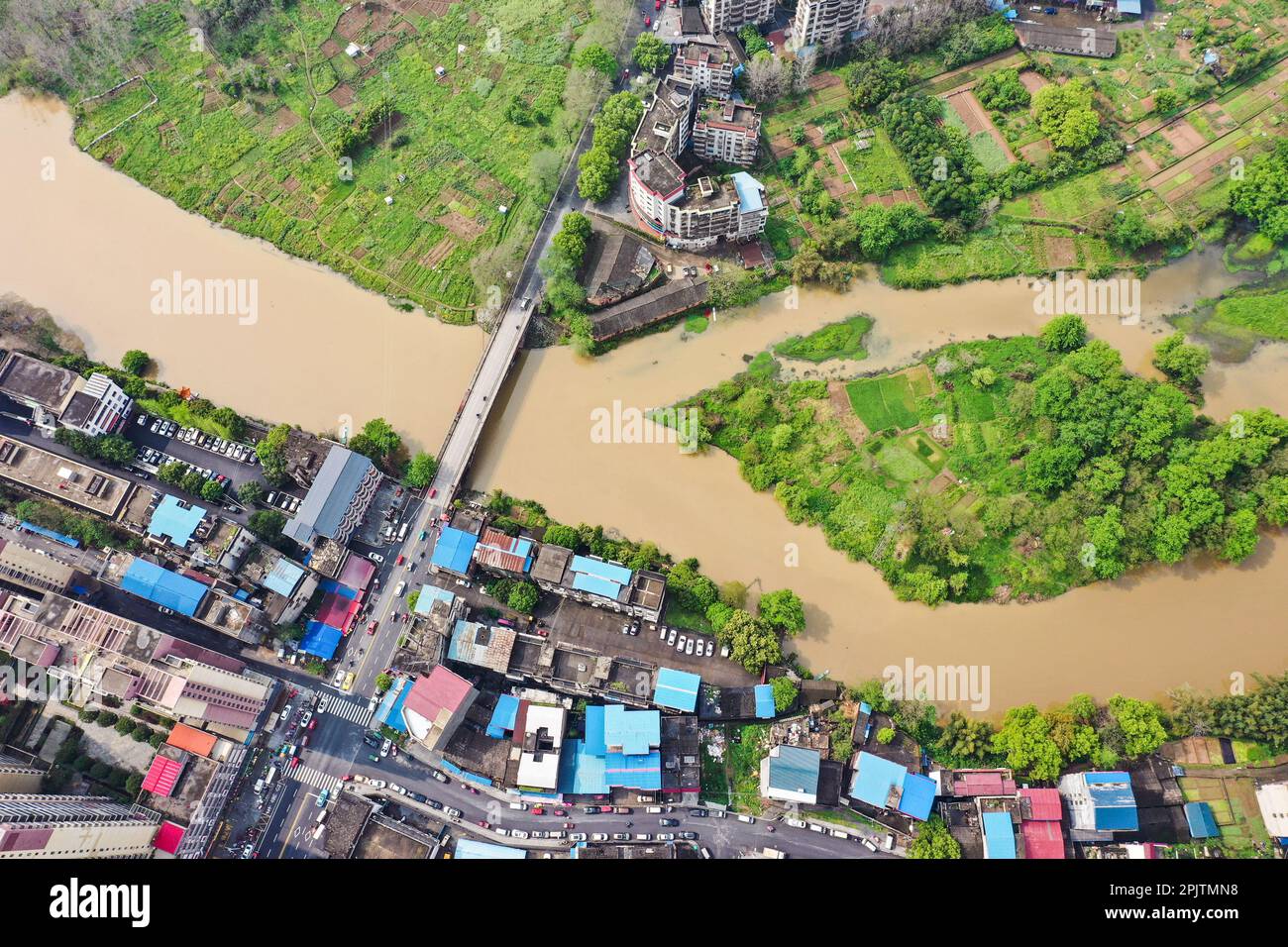 GUILIN, CHINA - APRIL 4, 2023 - Aerial photo shows flood waters slowly ...