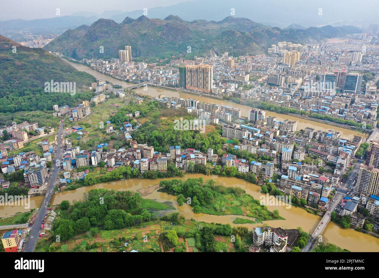GUILIN, CHINA - APRIL 4, 2023 - Aerial photo shows flood waters slowly ...