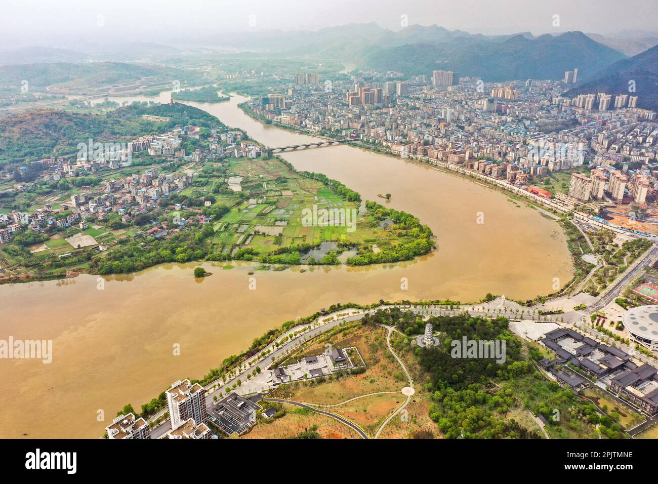 GUILIN, CHINA - APRIL 4, 2023 - Aerial photo shows flood waters slowly ...