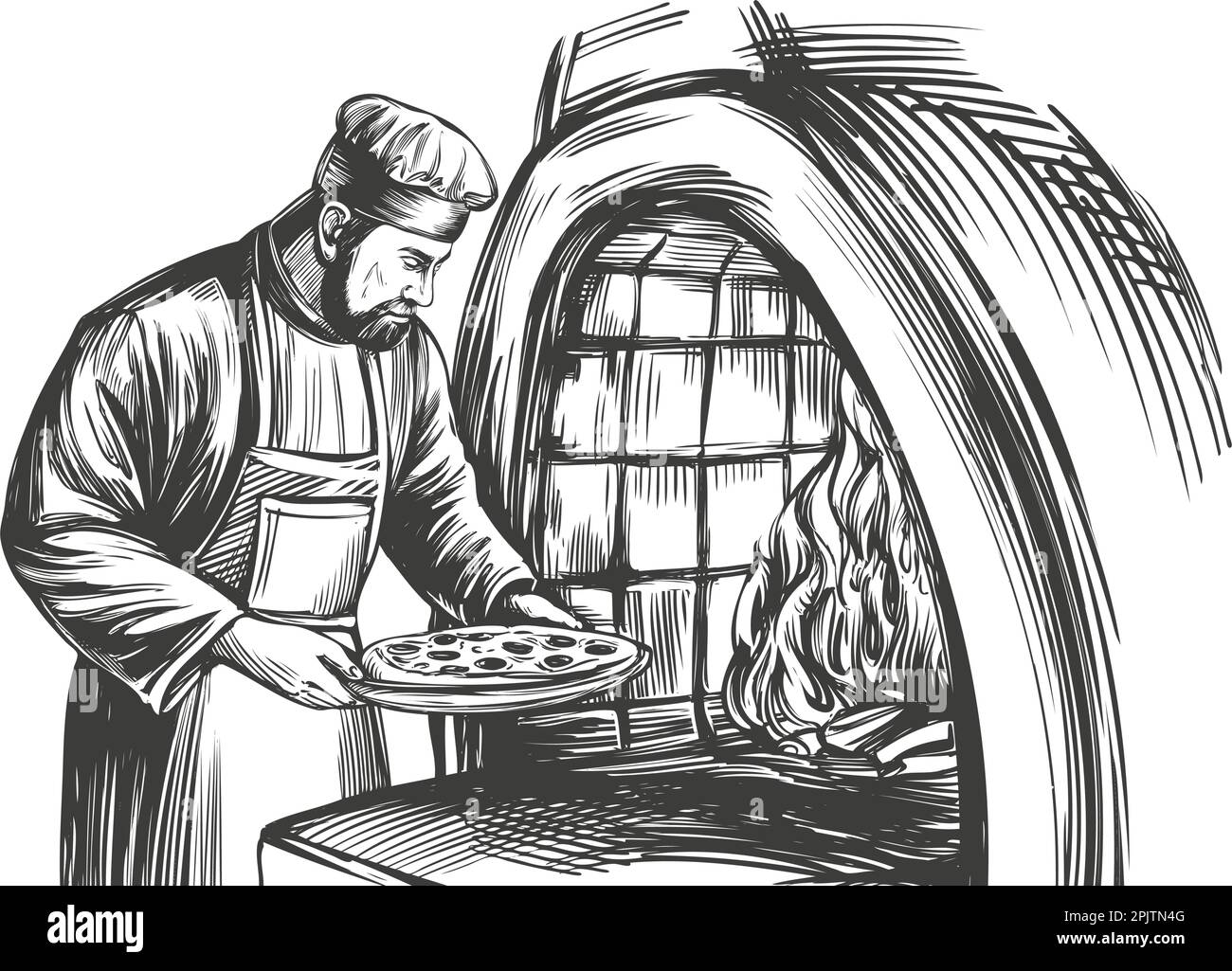 Italian pizza ,process of cooking pizza, baking with fire, hand drawn ...