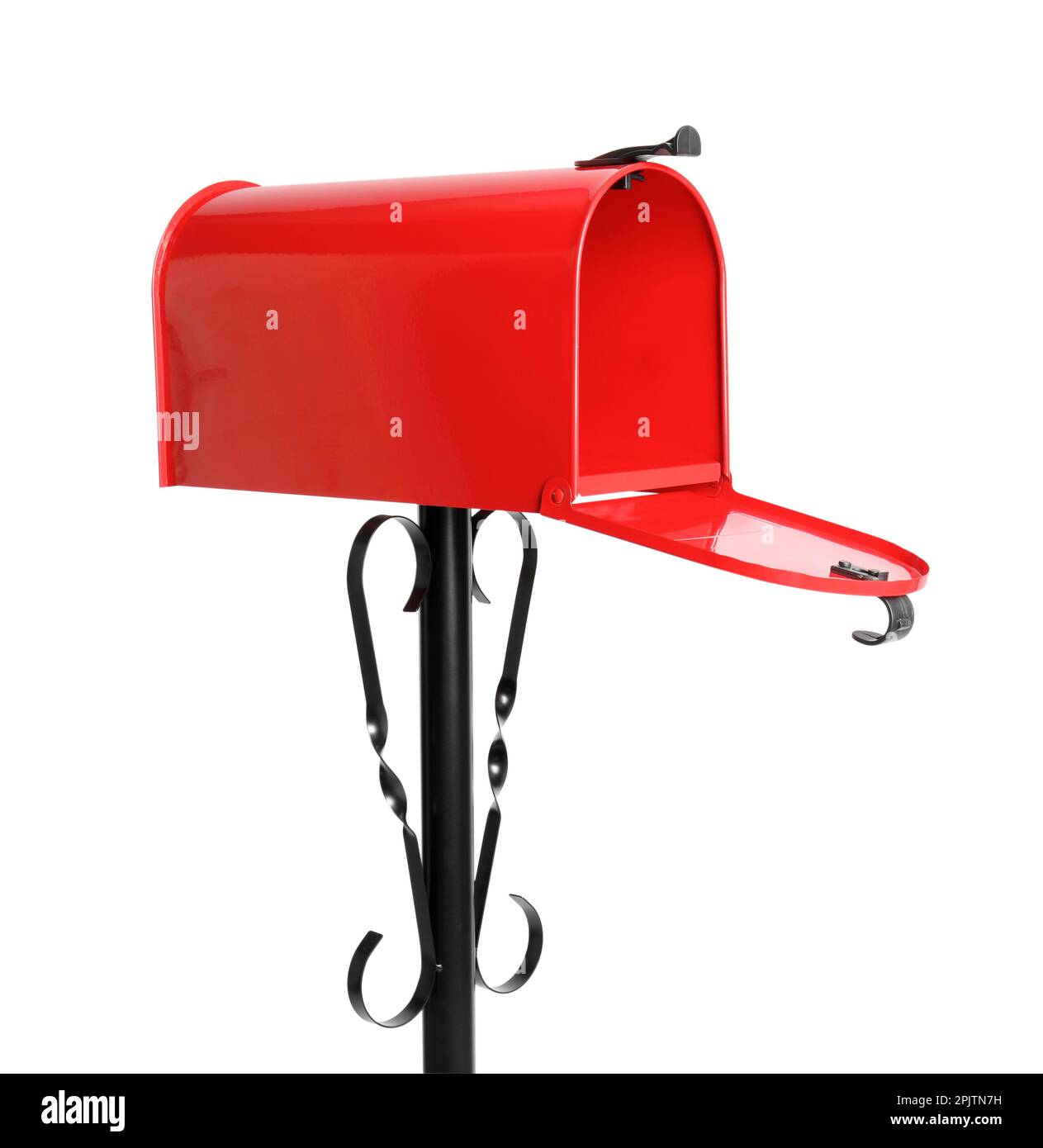 Open red letter box on white background Stock Photo - Alamy