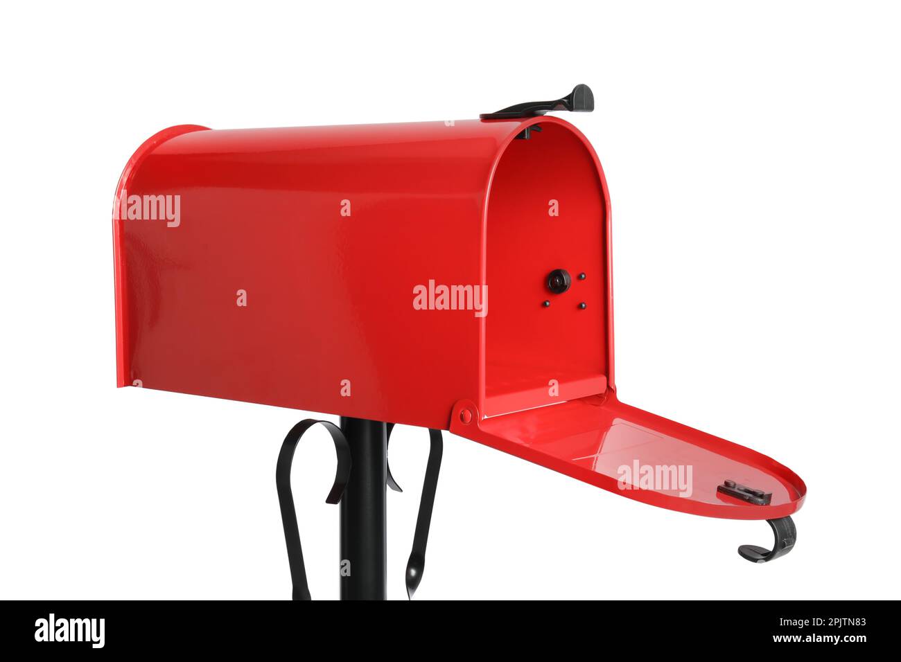 Open red letter box on white background Stock Photo - Alamy
