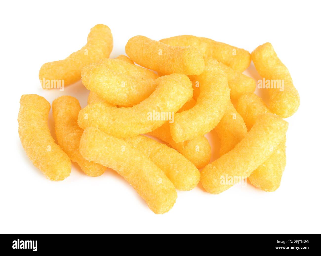 Many tasty cheesy corn puffs isolated on white Stock Photo - Alamy