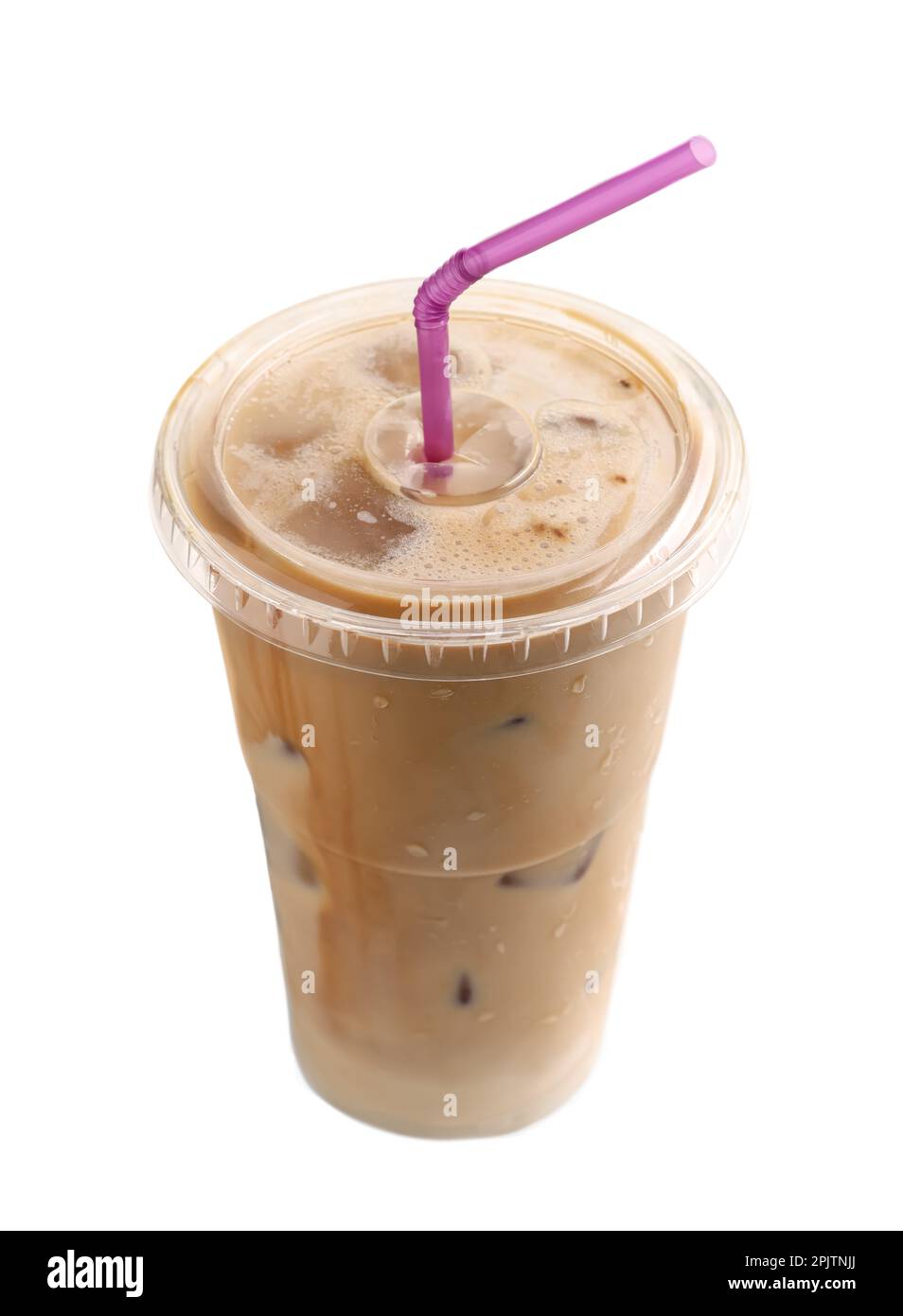 Takeaway plastic cup with cold coffee drink and straw on white ...