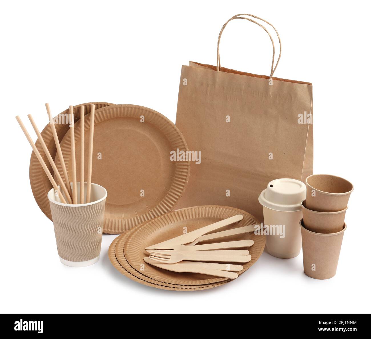 Set of disposable tableware on white background Stock Photo - Alamy