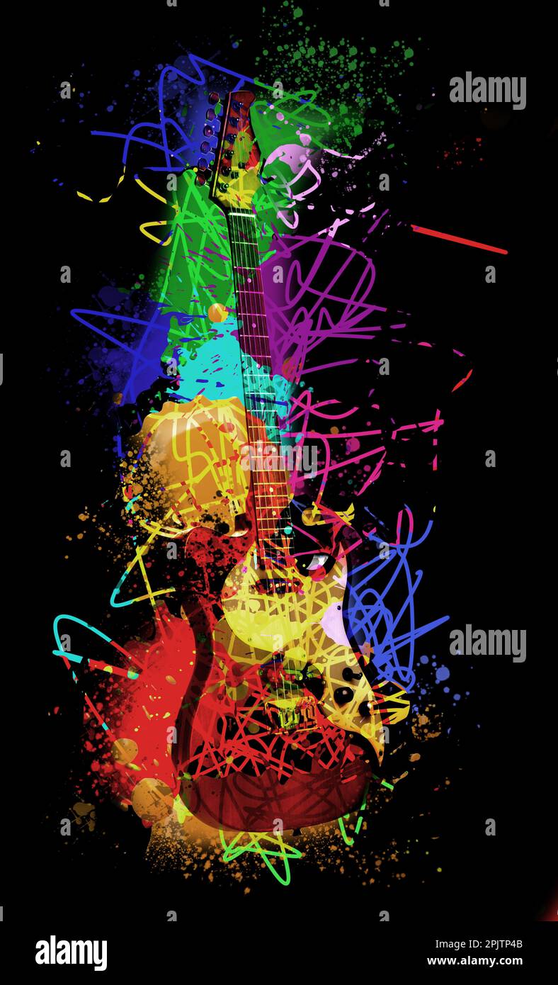 Bright colorful design with electric guitar on black background. Rock ...
