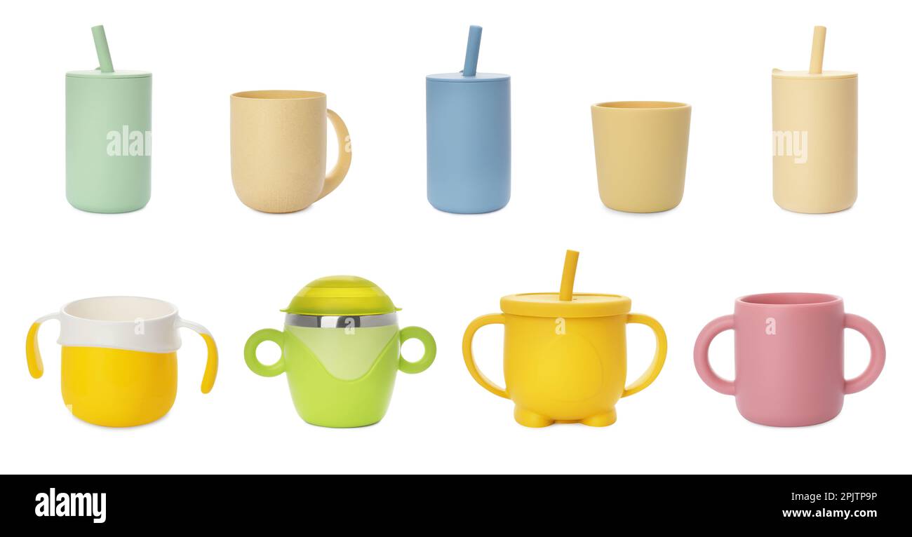 Set with colorful baby cups on white background. Banner design Stock ...