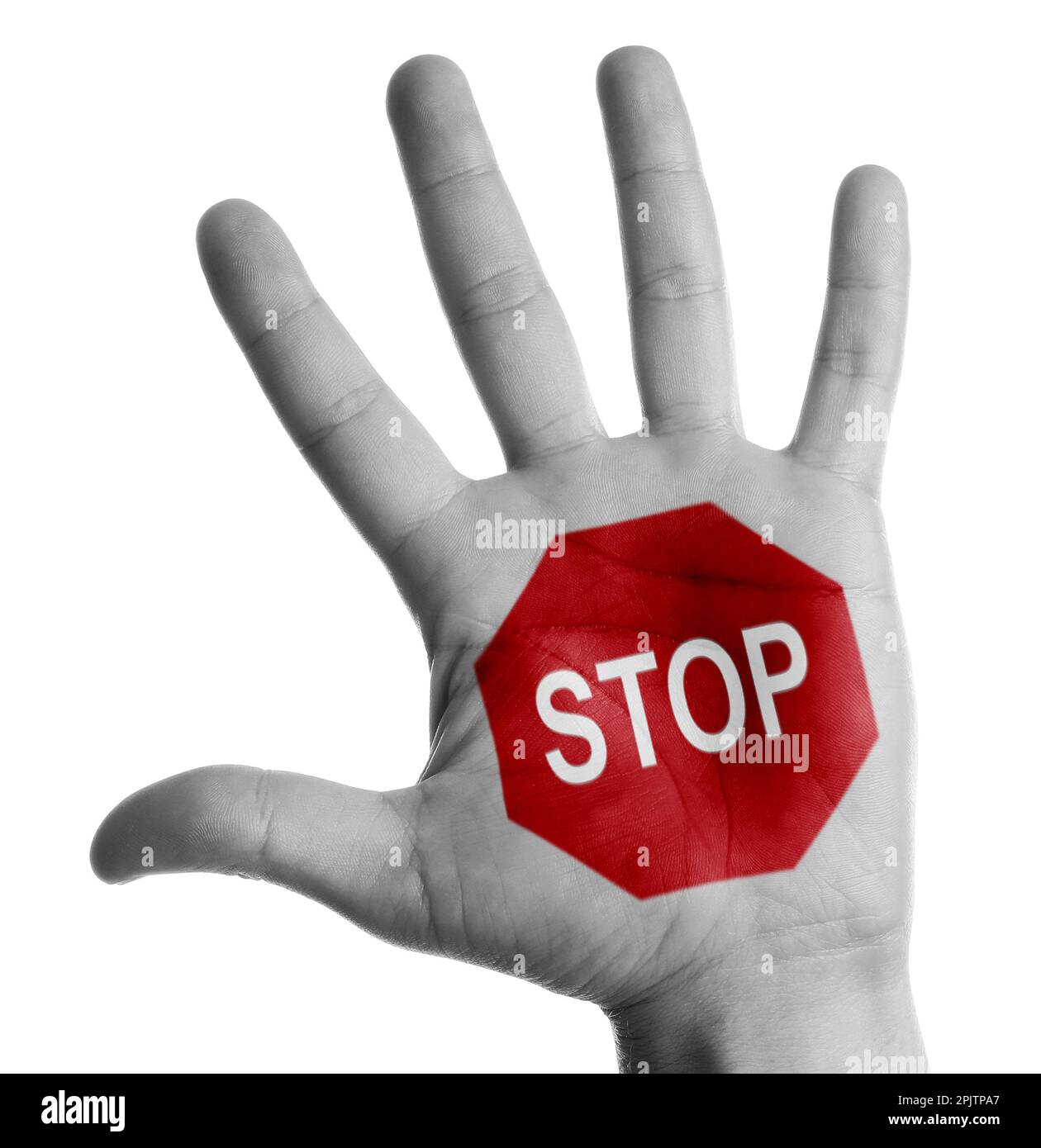 Woman showing palm with drawn STOP sign on white background, closeup ...