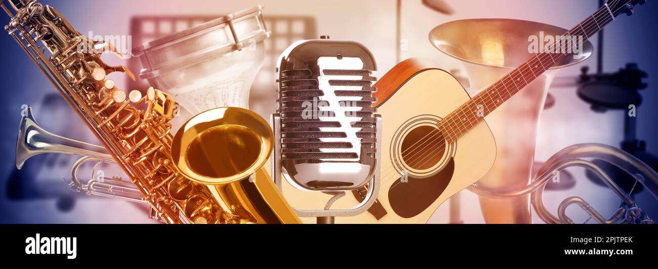 Creative banner design. Vintage microphone and different musical ...