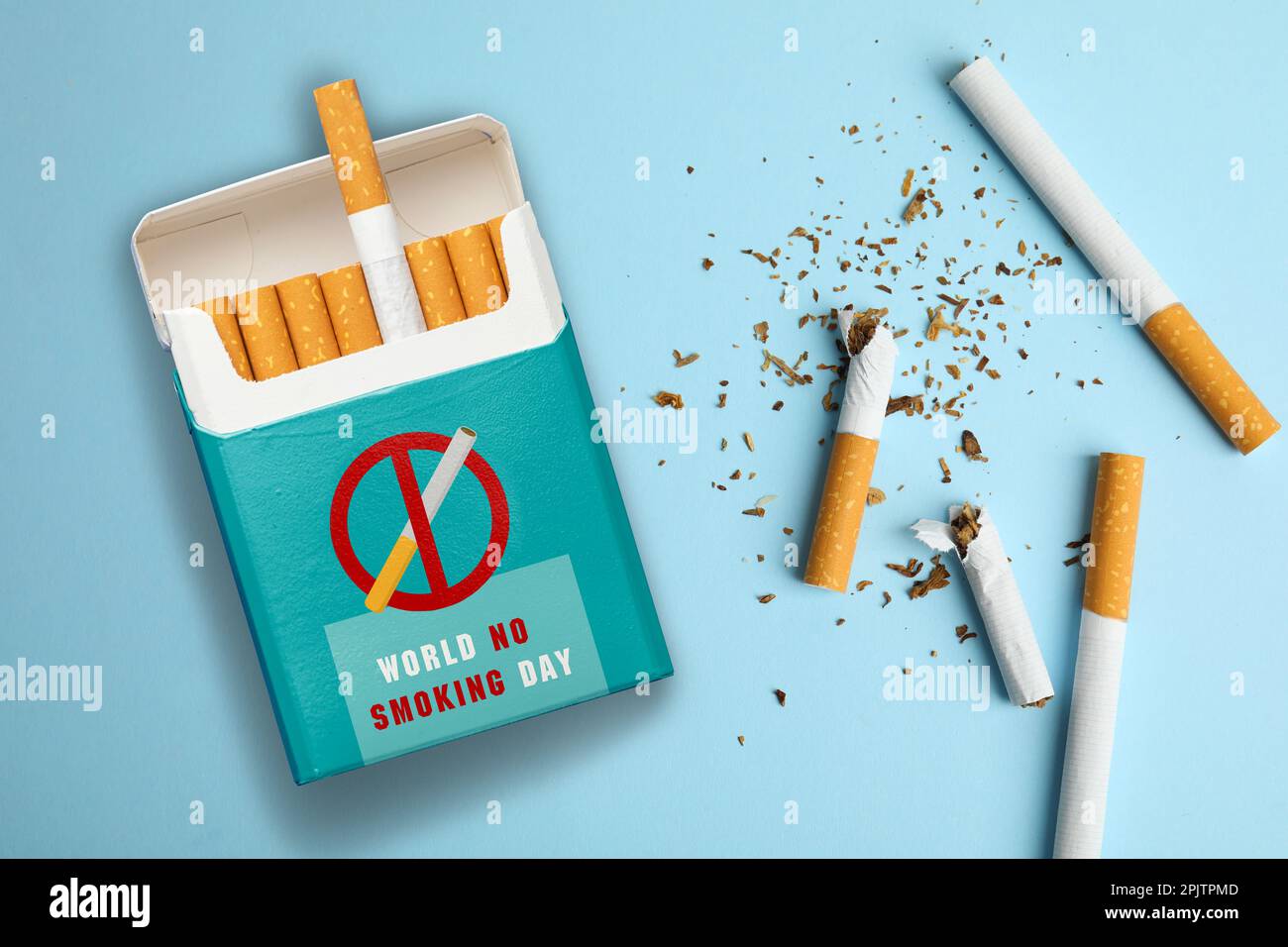 World No Smoking Day. Pack and cigarettes on light blue background ...