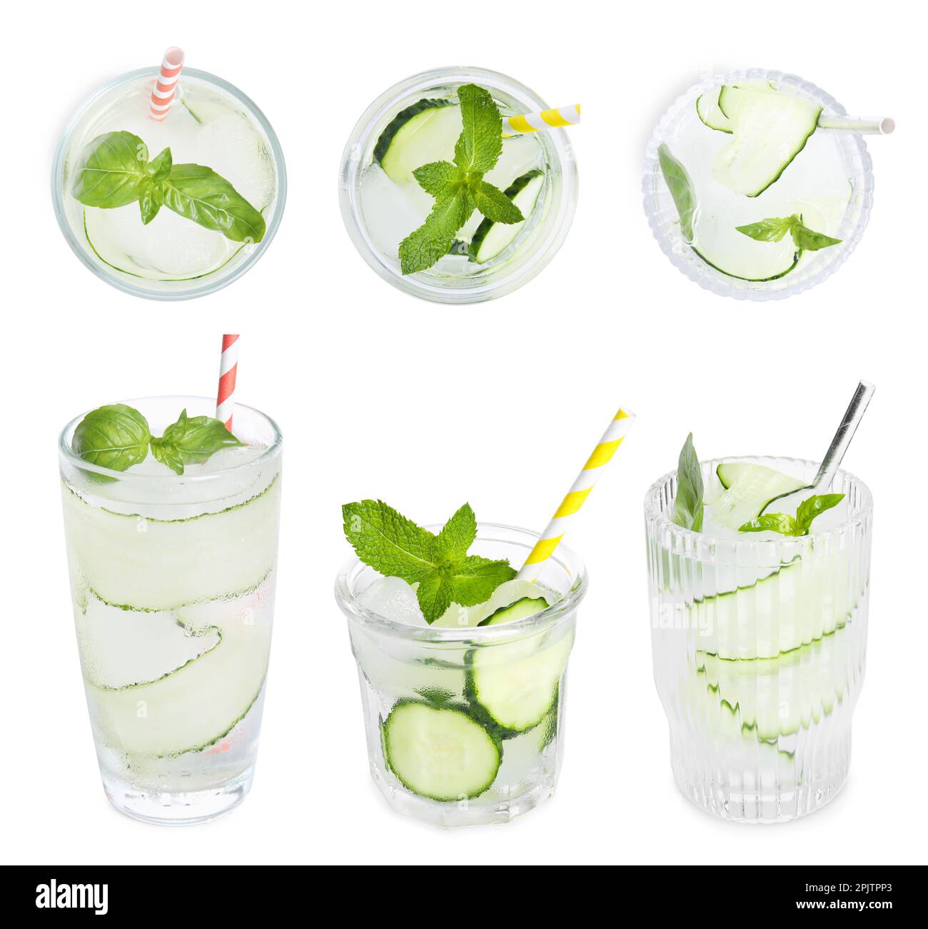 Set of glasses with refreshing cucumber water on white background, top and side views Stock ...