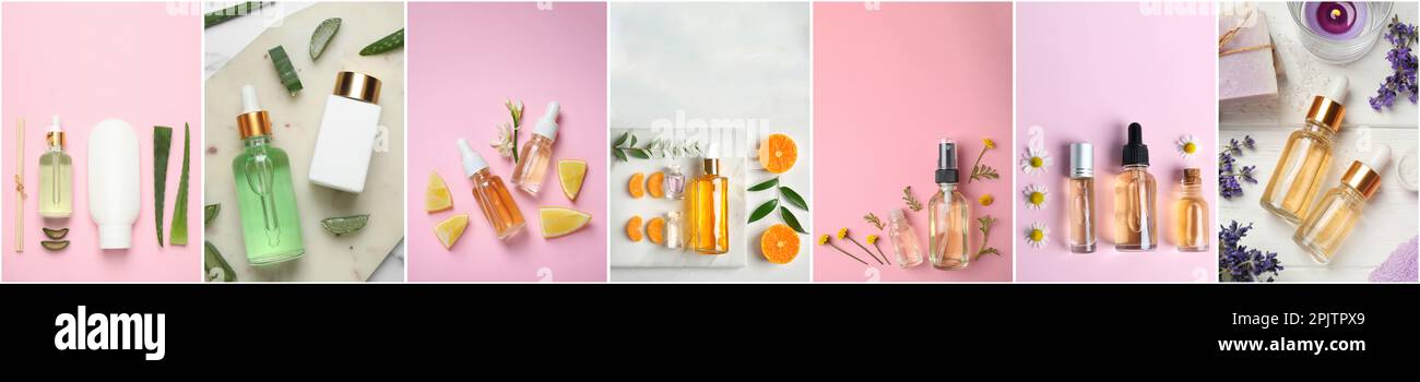 Collage with beautiful photos of different natural essential oils, top ...