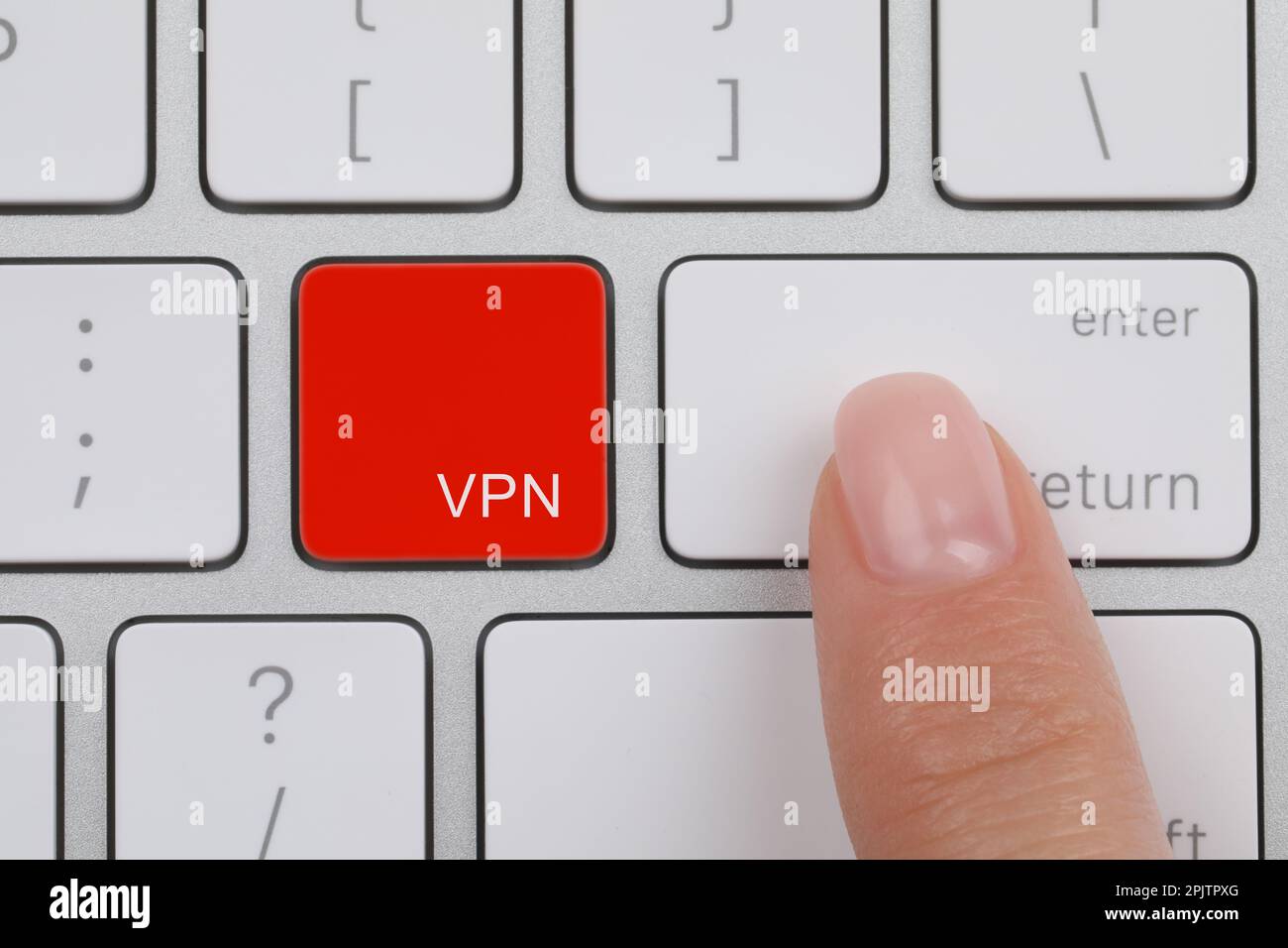 VPN concept. Woman pressing button on computer keyboard, top view Stock ...