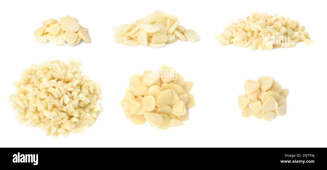 Set with cut fresh garlic on white background. Banner design Stock ...
