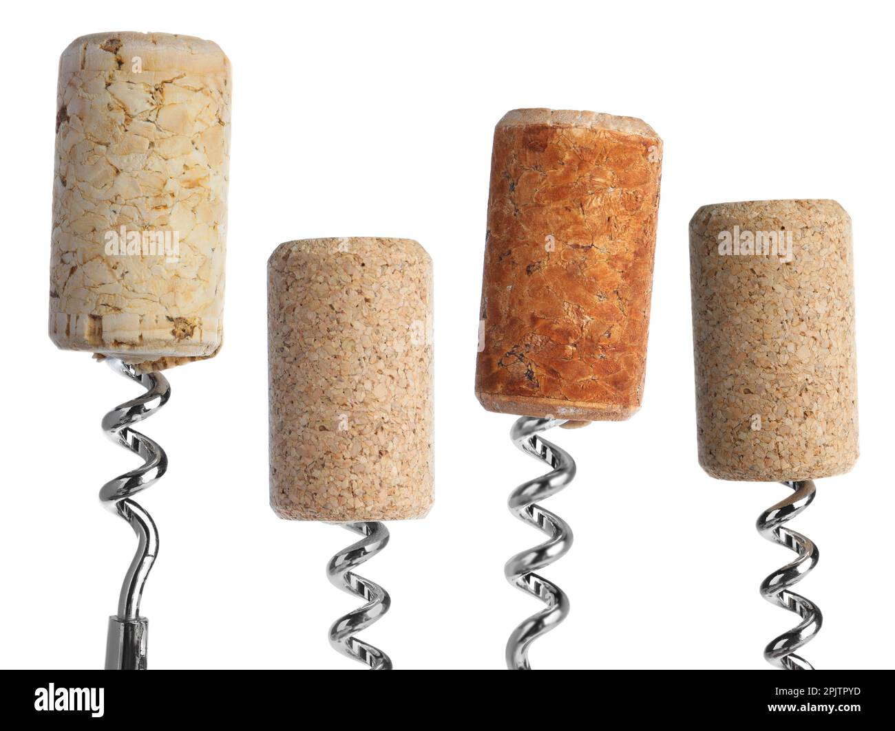 Corkscrews with wine corks on white background Stock Photo - Alamy