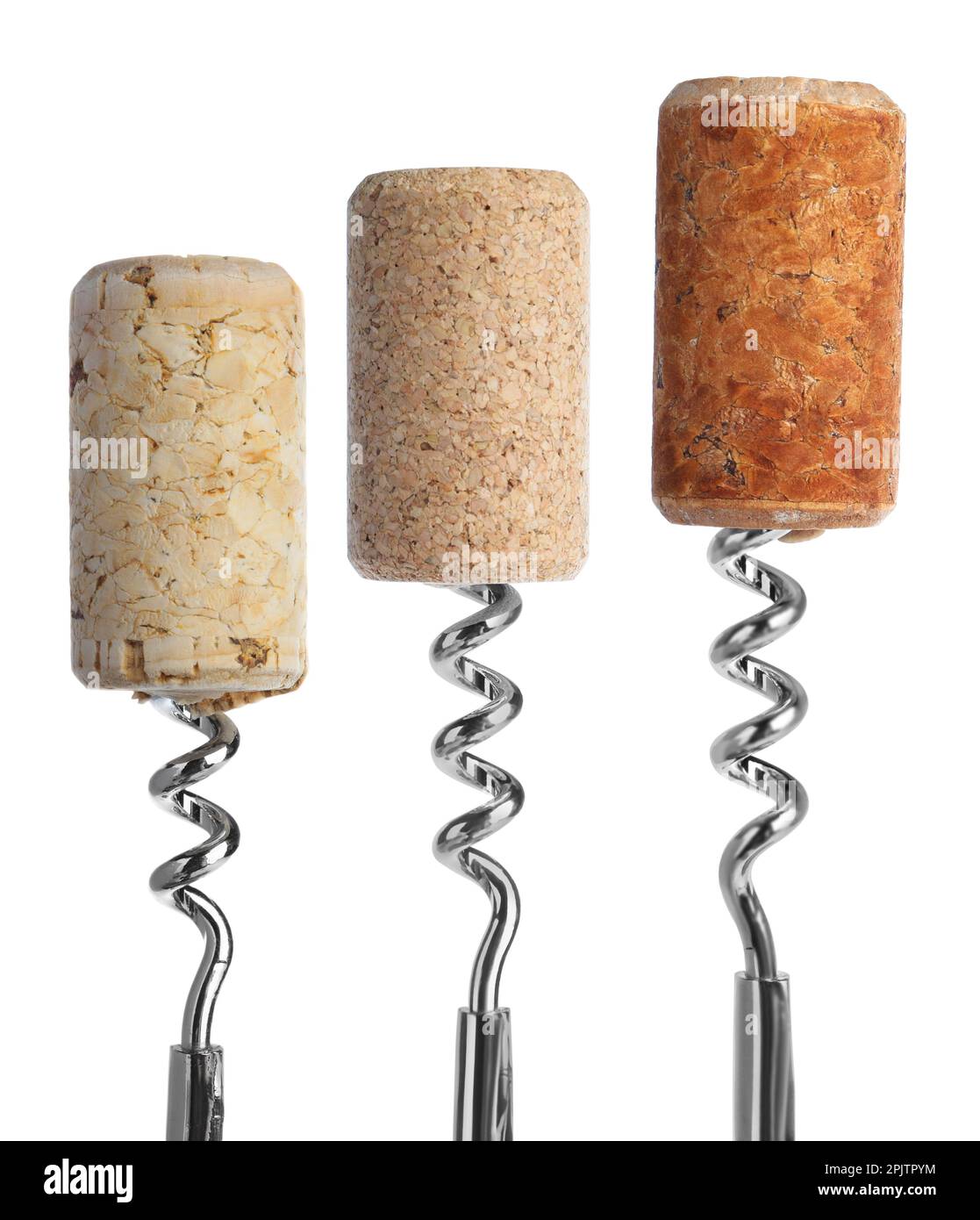 Corkscrews with wine corks on white background Stock Photo - Alamy