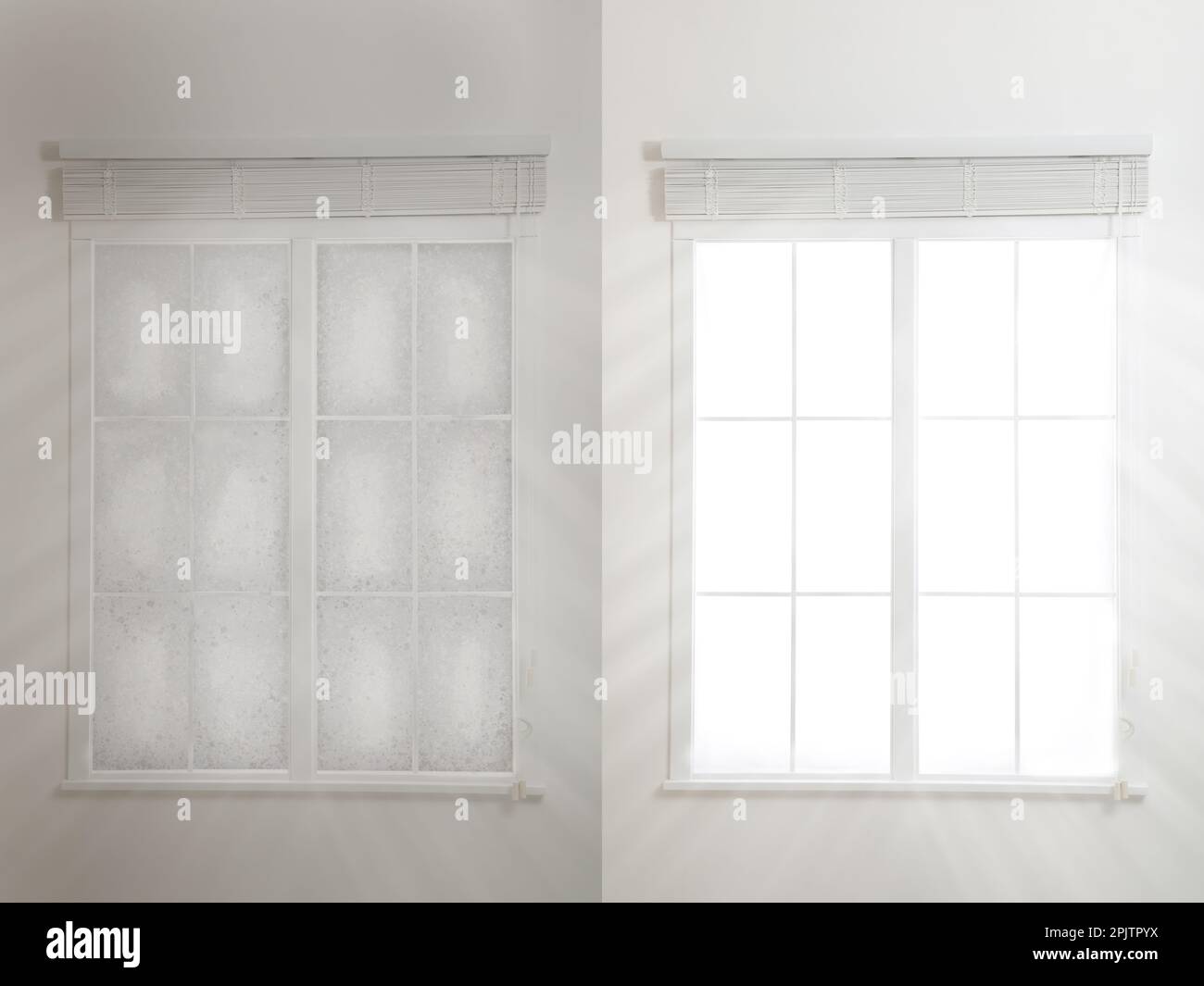 Collage with photos of window before and after cleaning indoors Stock ...