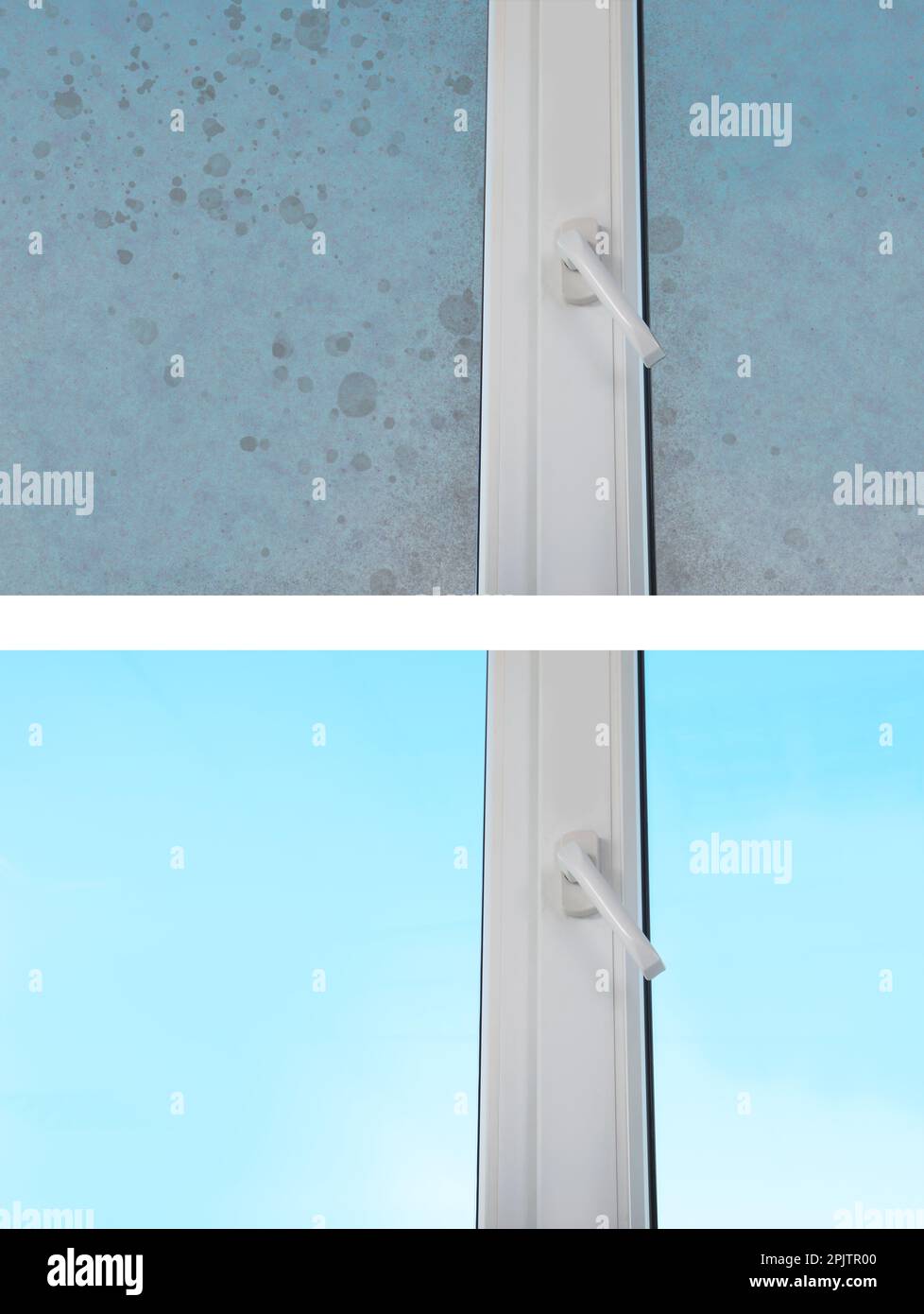Collage with photos of window before and after cleaning indoors Stock ...