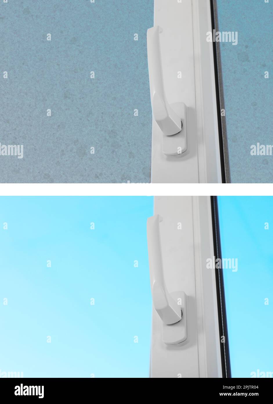 Collage with photos of window before and after cleaning indoors Stock ...