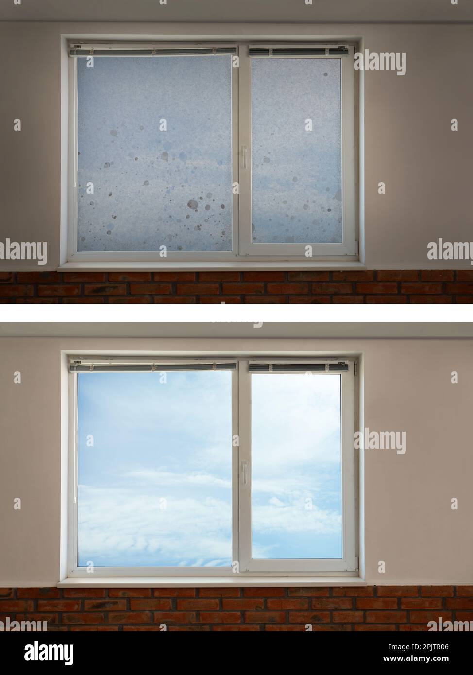 Collage with photos of window before and after cleaning indoors Stock ...