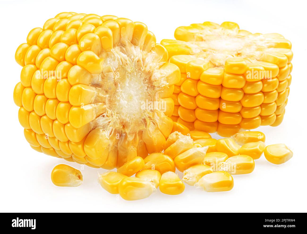 Pieces of maize cob or corn cob and corn seeds isolated on white ...