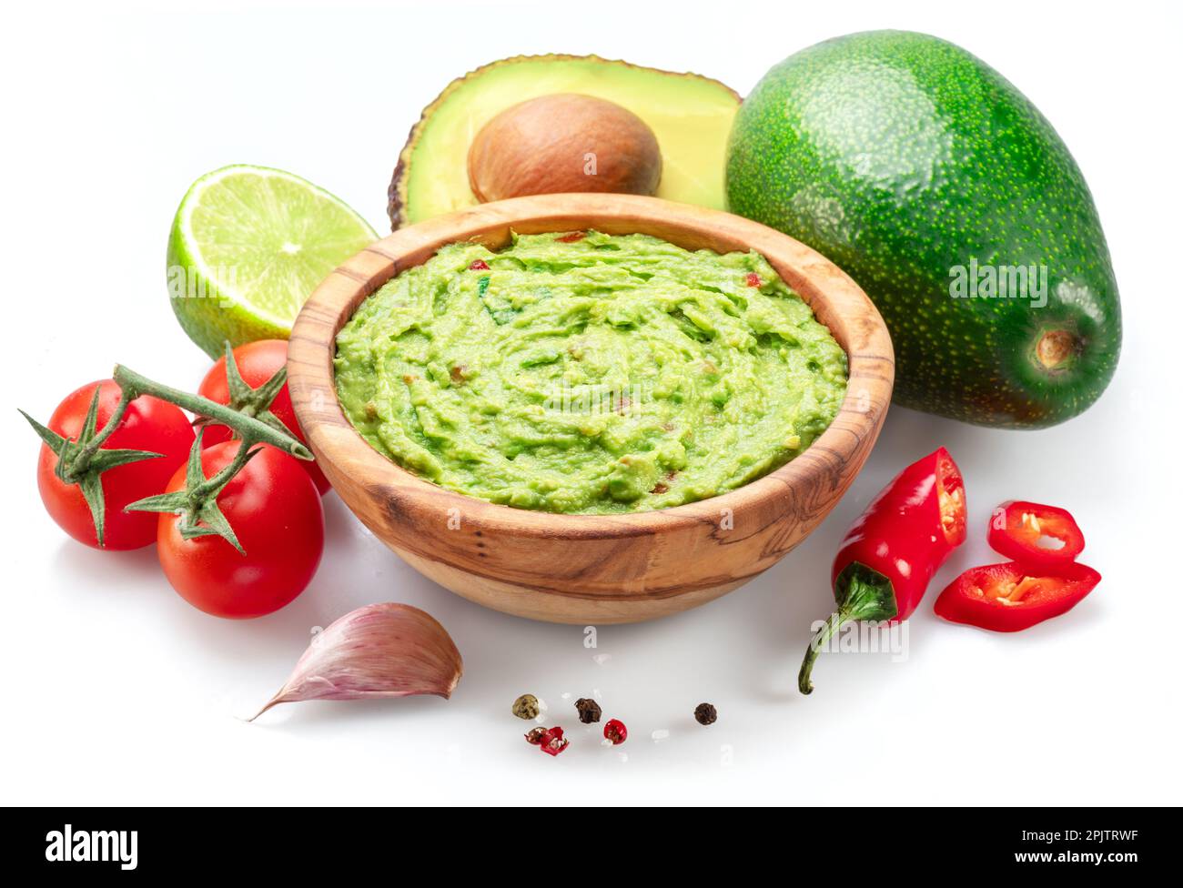 Guacamole bowl and guacamole ingredients isolated on white background ...