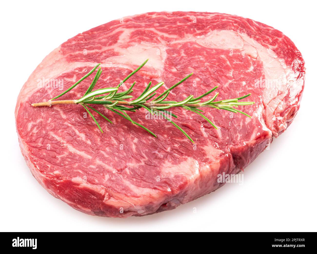 Raw ribeye steak with rosemary twig on it on white background. Top view ...