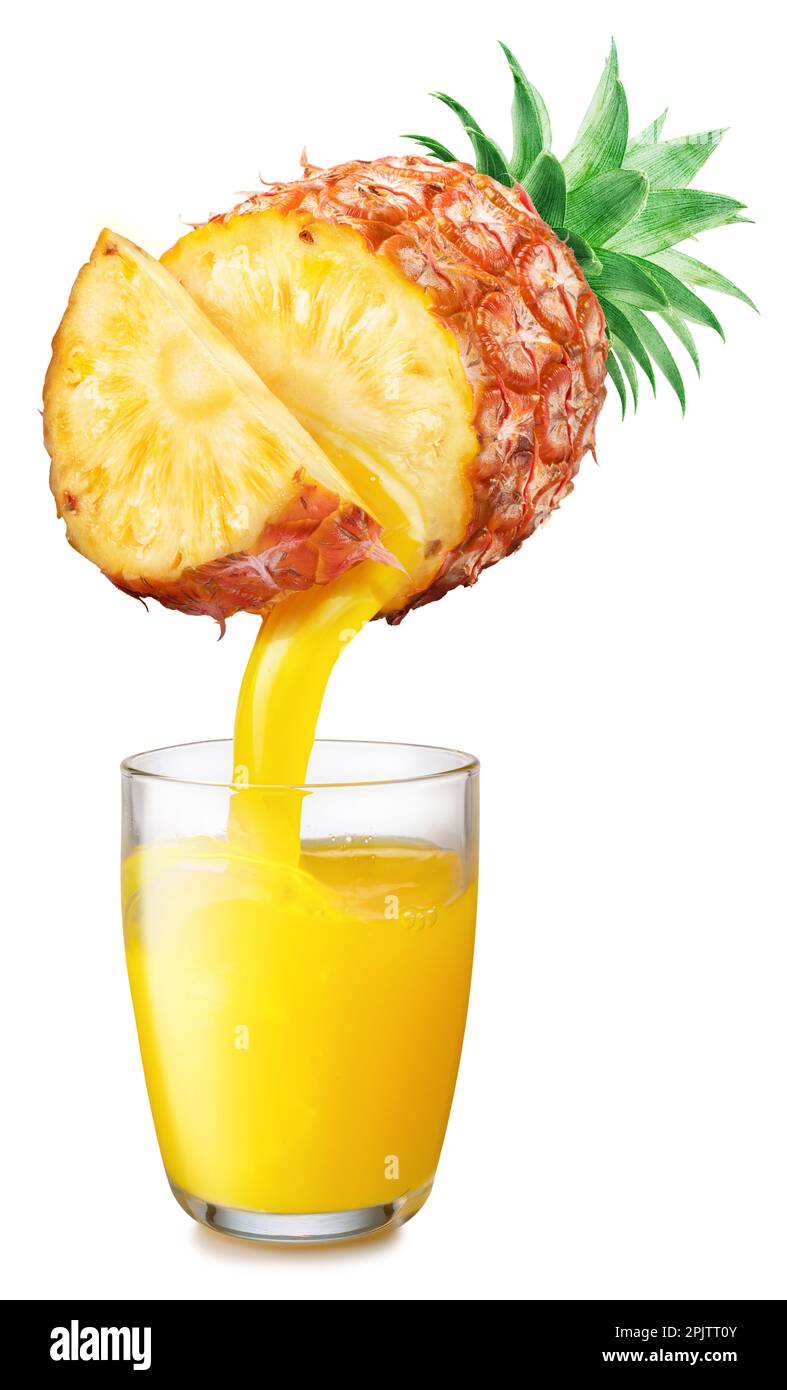 Glass of pineapple juice and fresh juice pouring from pineapple fruit ...