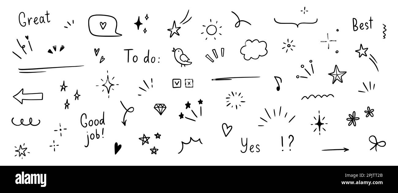 Doodle cute glitter pen line elements. Doodle heart, arrow, star ...