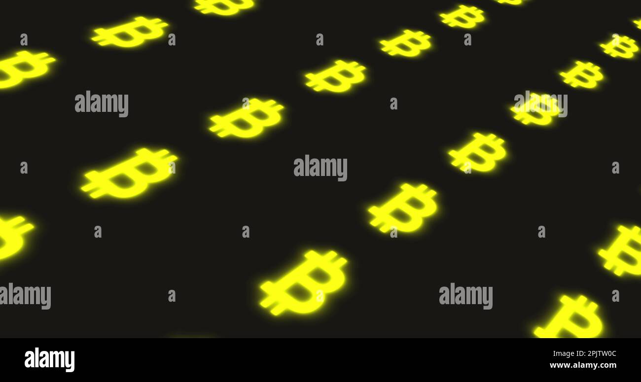 Glowing, yellow cryptocurrency symbols on a dark background ...
