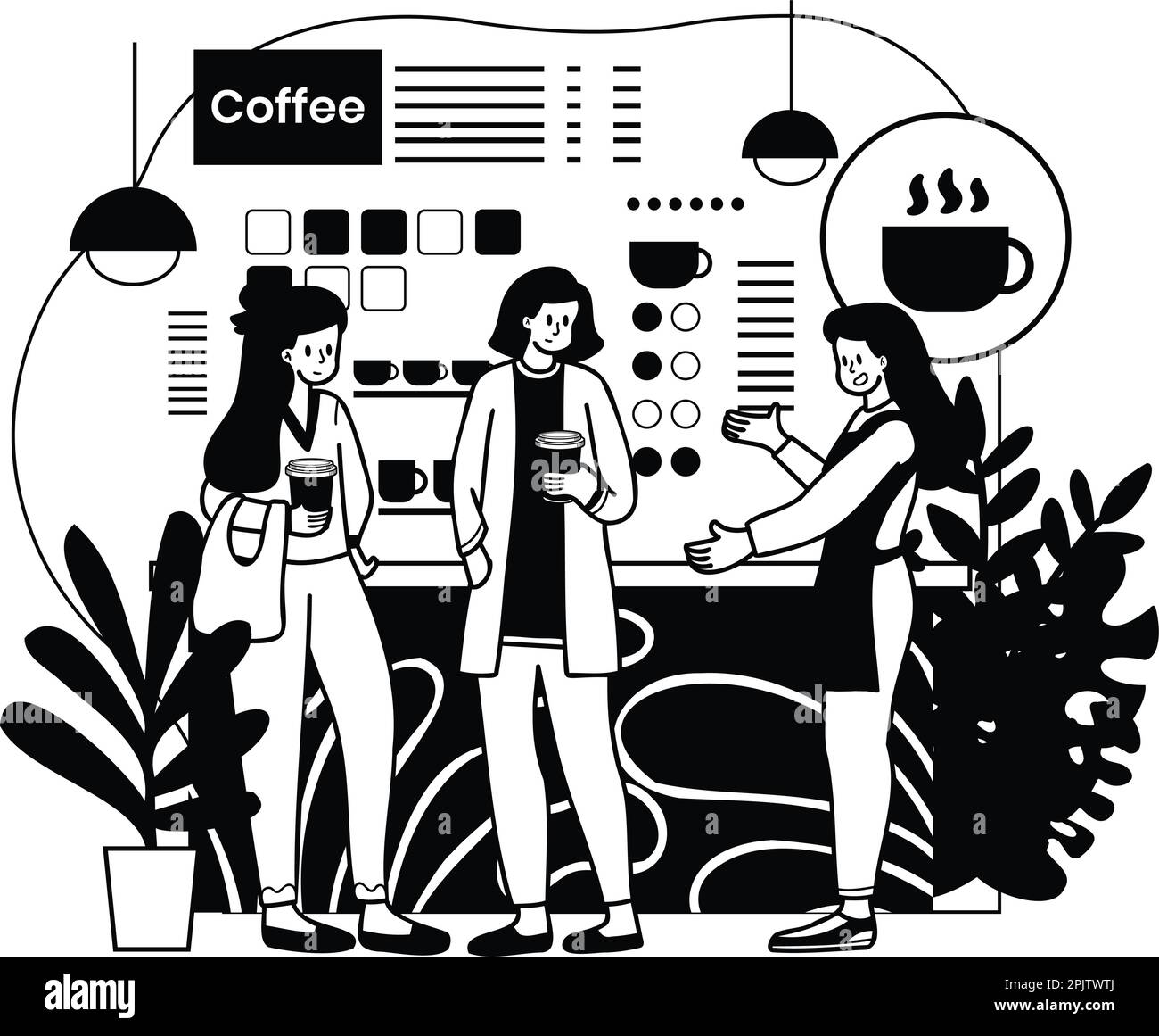 Female barista talking to customer in cafe illustration in doodle style ...