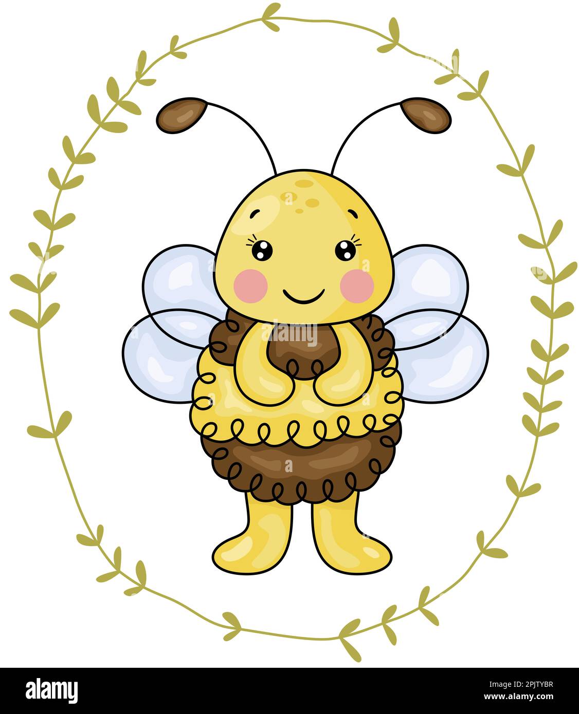 Cute bee inside an oval leaves border Stock Photo - Alamy