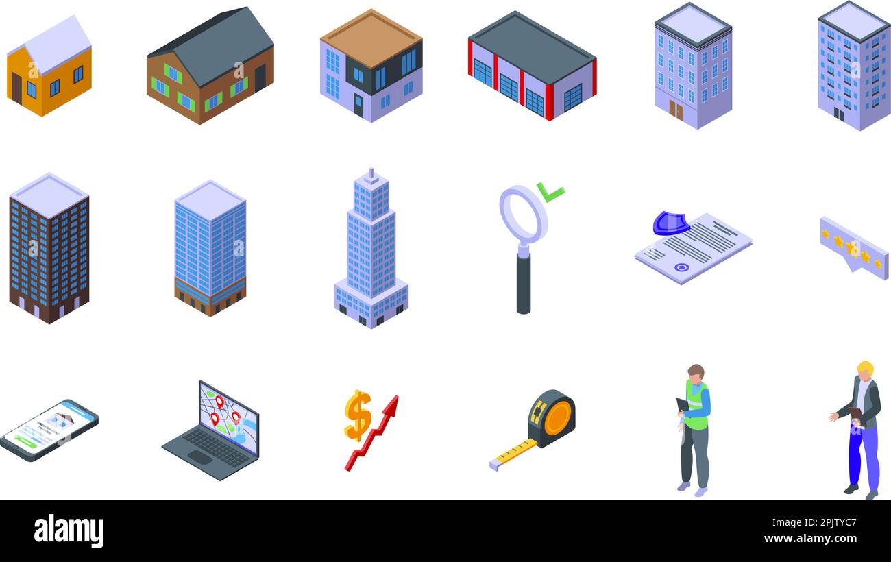 Real property assessment icons set isometric vector. Tax house ...